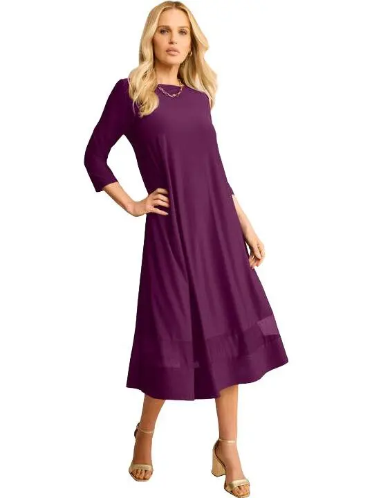 Roaman's 3/4 Sleeve Mesh Inset Boatneck Dress - Dark Berry