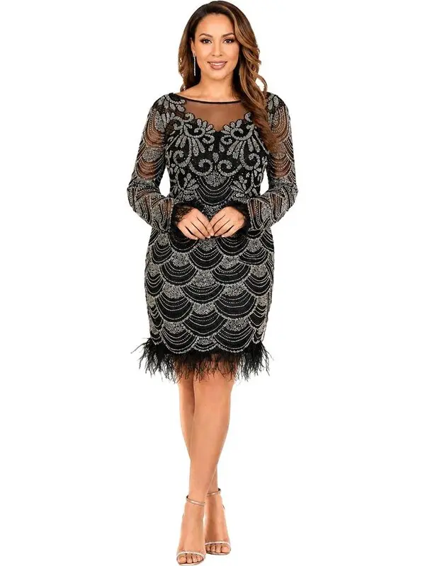 LARA NEW YORK Beaded Faux-wrap V-neck Bridal Gown - Black/silver