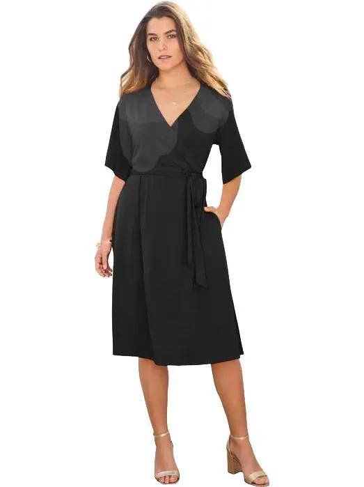 ROAMAN'S Short Sleeve Wrap Fit And Flare Dress - Black