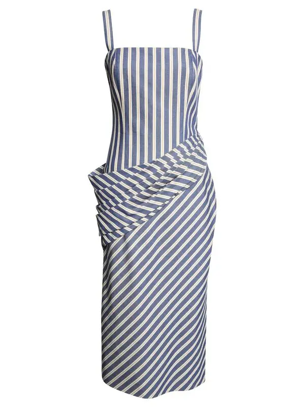 Carolina Herrera Stripe Draped Cotton Midi Dress - Blue Multi