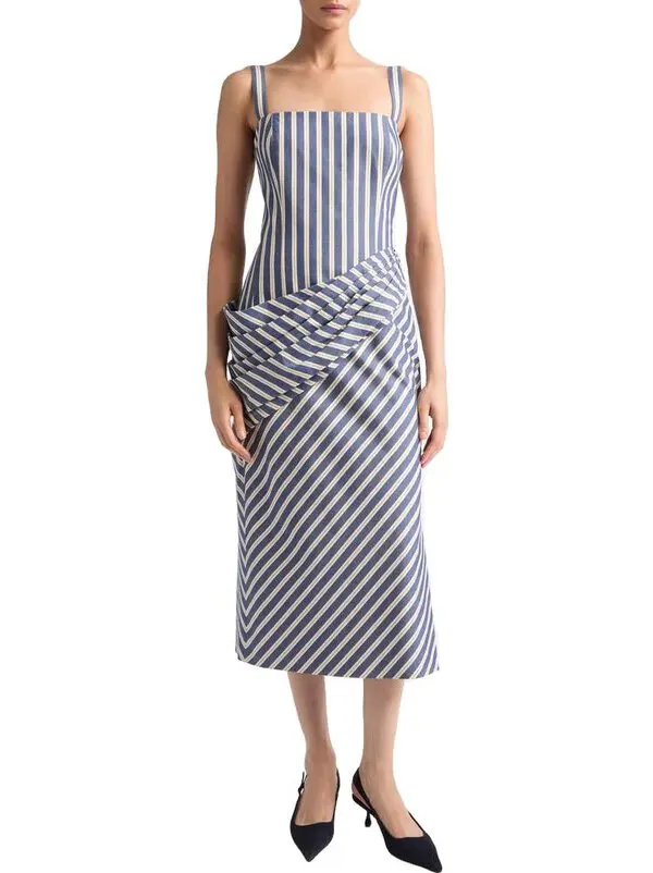 Carolina Herrera Stripe Draped Cotton Midi Dress - Blue Multi