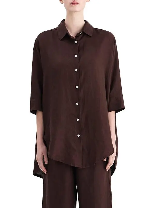 Nude Lucy Lounge Linen Longline Shirt - Chocolate
