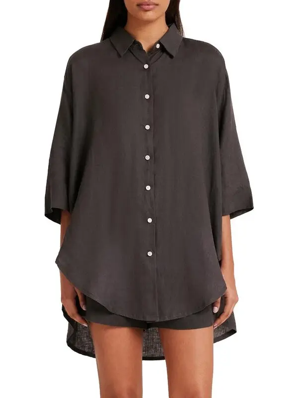 Nude Lucy Lounge Linen Longline Shirt - Coal