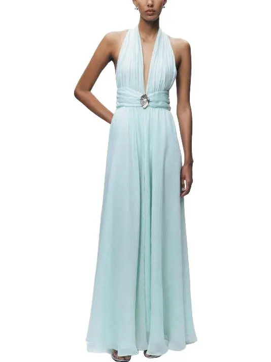 NOCTURNE Pleated Halterneck Maxi Dress With Brooch Detail - Mint Green