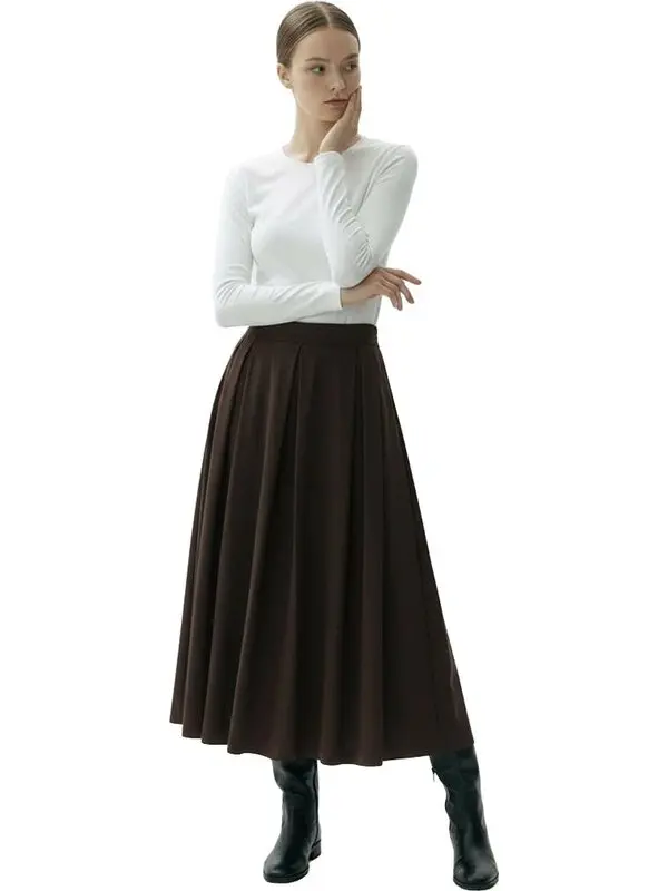 EXQUISE Jakayla Pleated Midi Skirt - Brown