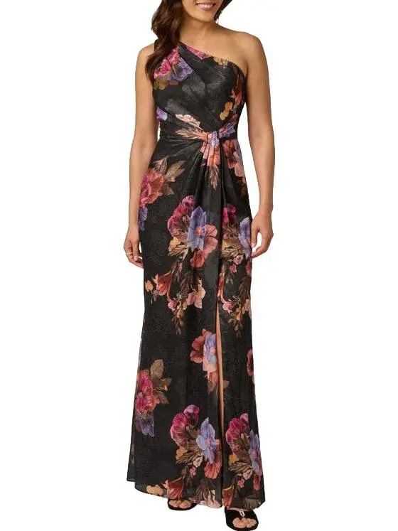 Adrianna Papell One-shoulder Floral Chiffon Gown - Black Multi