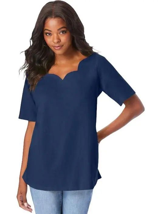 ROAMAN'S Scalloped Neck Tee - Navy