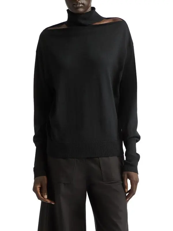 COURREGES Shoulder Cutout Merino Wool Mock Neck Sweater - Black