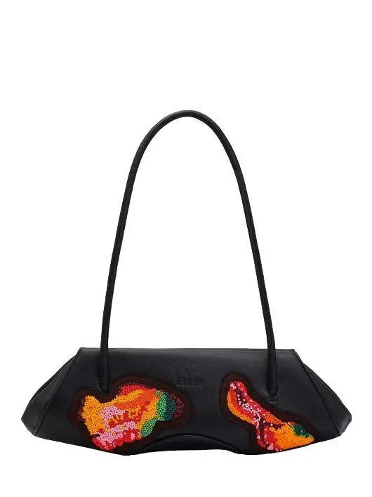 BEHNO Elizabeth Mini Leather Baguette With Beaded Embellishment - Black