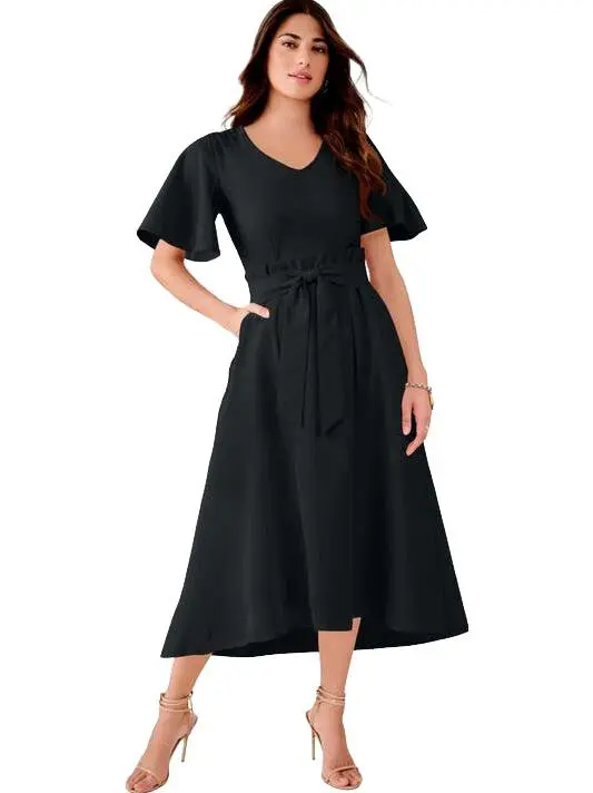 Roaman's Flutter Sleeve V-neck Bi-stretch Maxi Dress - Black