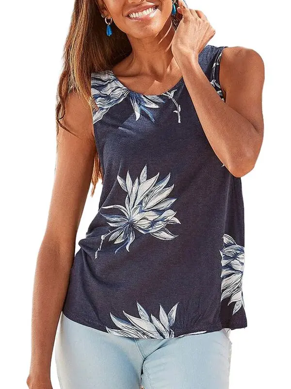 LASCANA Sleeveless Floral Print Tank Top - Dark Blue Multi