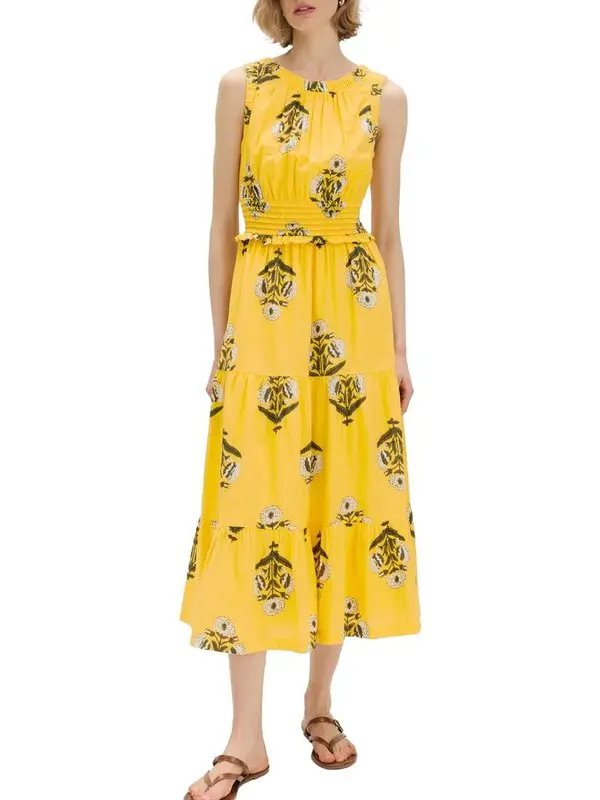 M&s Floral Pintuck Midi Dress - Yellow/multi
