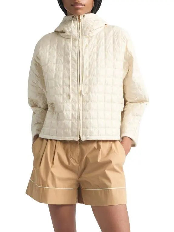 Moncler Boxy Quilted Nylon Cape Coat With Drawstring Hood - Beige