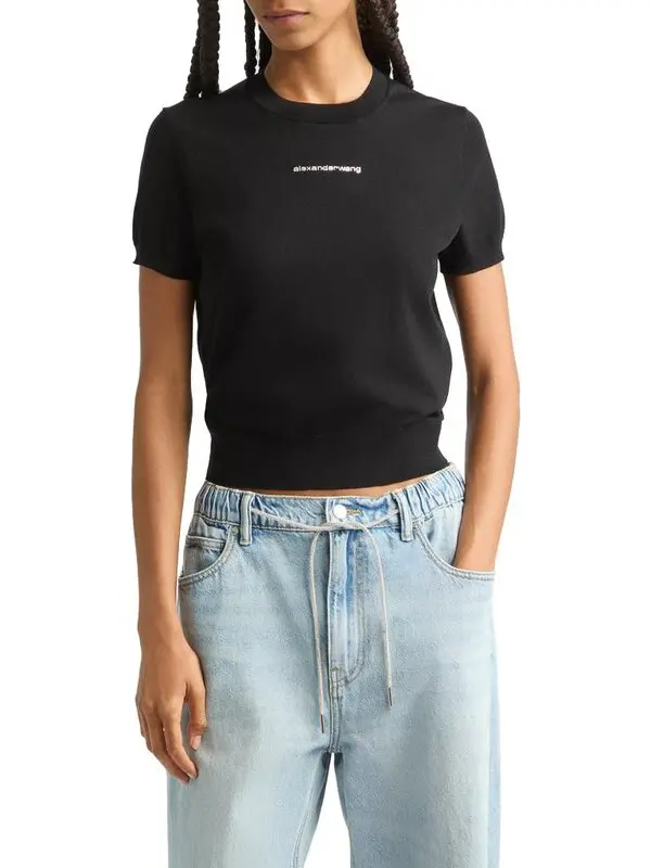 Alexander Wang Hotfix Logo Fitted Short Sleeve Sweater - Black