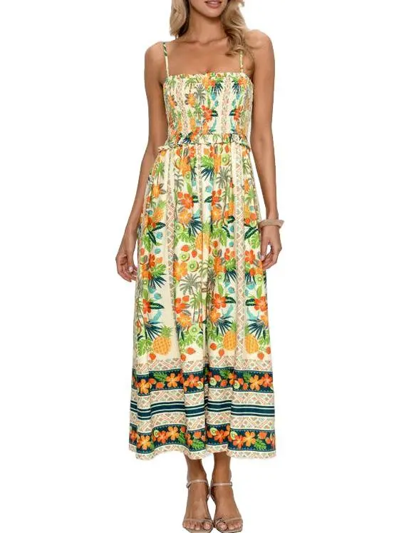 PS BY CUPSHE Tropical Print Smocked Midi Dress - Orange
