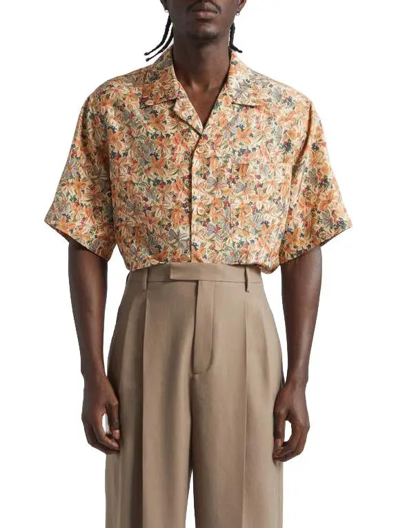 Valentino Garavani Papier Floral Short Sleeve Silk Poplin Button-up Shirt - Beige Multi