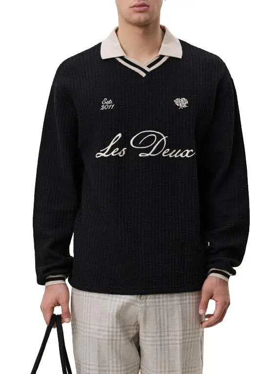 LES DEUX Oversize Waffle Knit Sweater Jersey With Johnny Collar - Black
