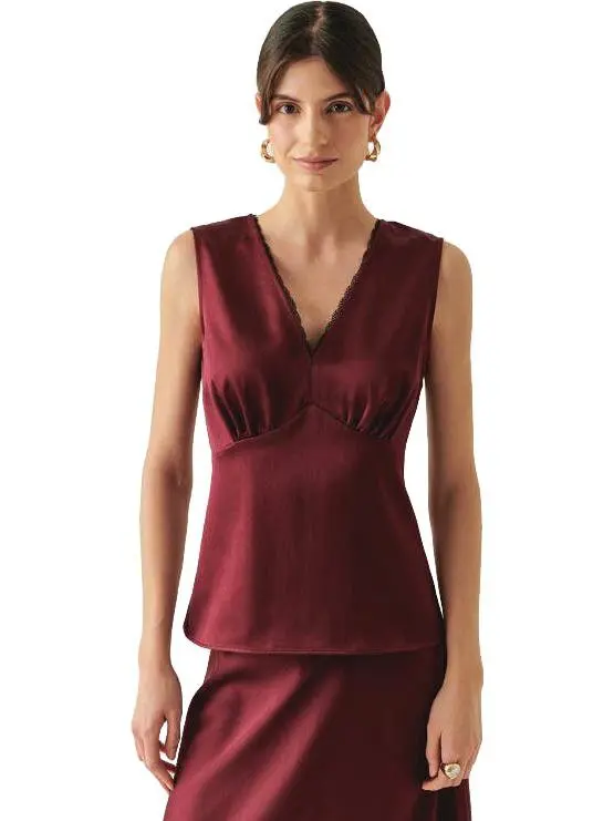 EXQUISE Galilea V-neck Satin Look Blouse - Cherry