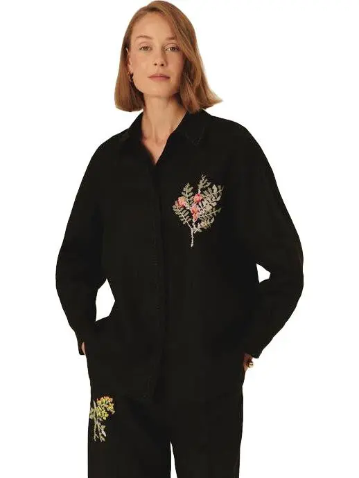 EXQUISE Avianna Embroidered Linen Shirt - Black