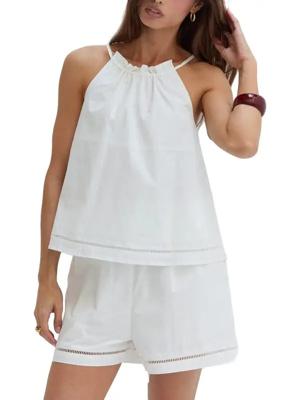 CRESCENT Poplin Lattice Trim Halter Top - White