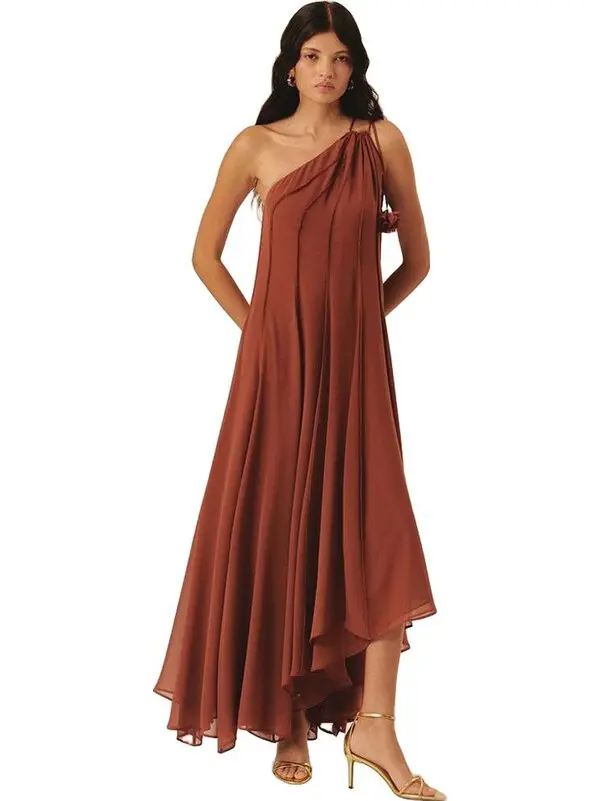 EXQUISE Asymmetrical One-shoulder Chiffon Maxi Dress - Brown