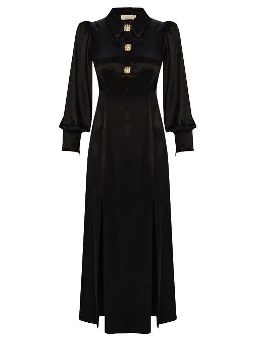 EXQUISE Alivia Midi Dress With Button Detail And Slit - Black