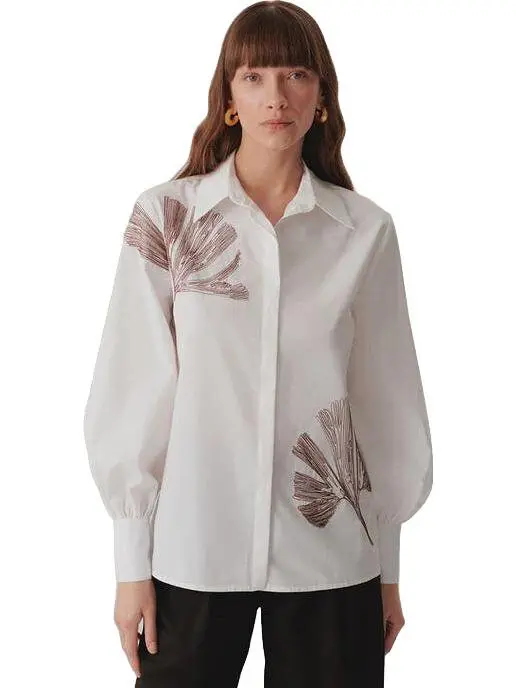 EXQUISE Ayla Floral Stitch Shirt - Bone