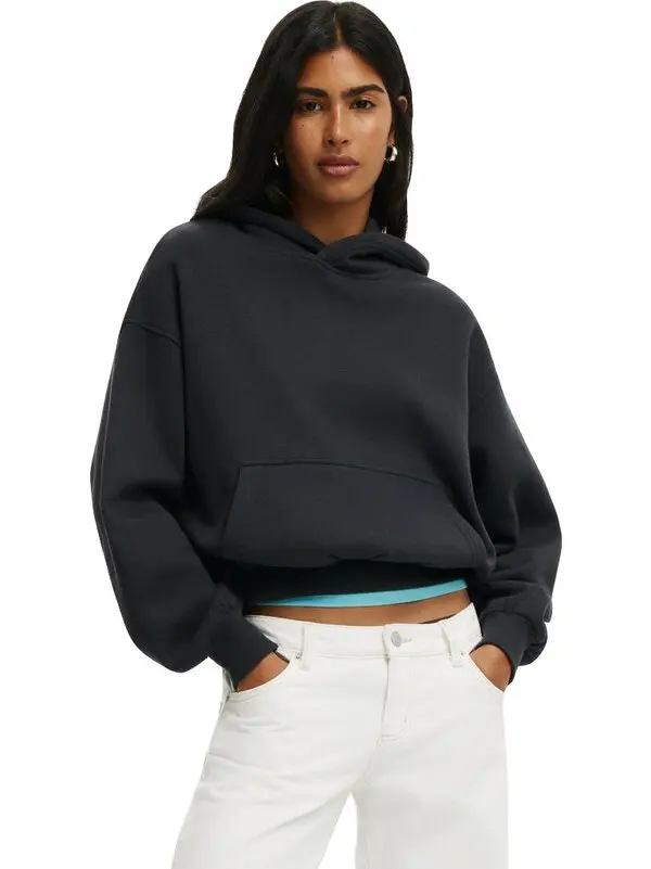 COTTONON Boxy Cropped Fleece Hoodie - Shadowstone