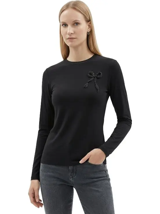 EXQUISE Carolyn Long Sleeve Blouse With Embellished Bow Detail - Black