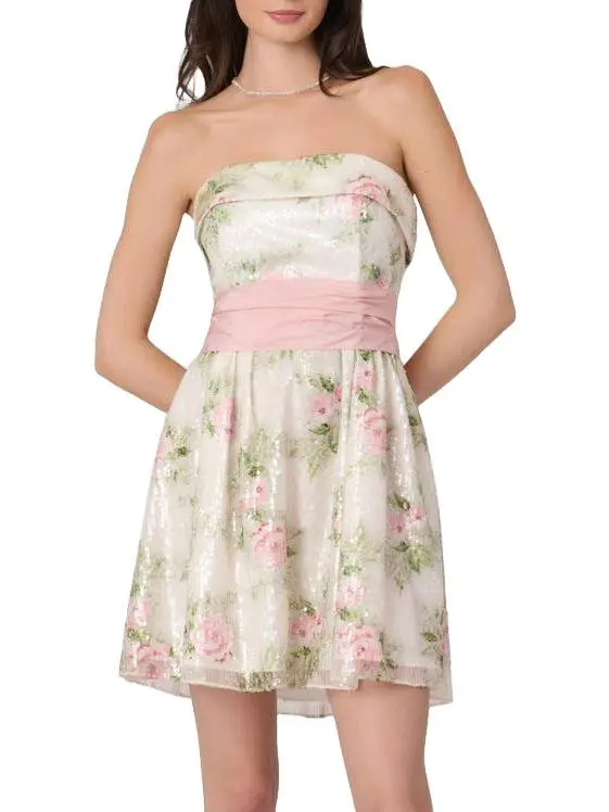 Shoshanna Rose Garden Sequin Strapless Mini Dress - Ivory Multi
