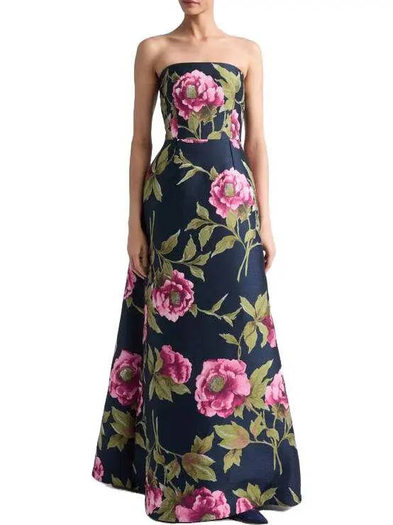 Carolina Herrera Peony Jacquard Strapless Gown - Midnight Multi