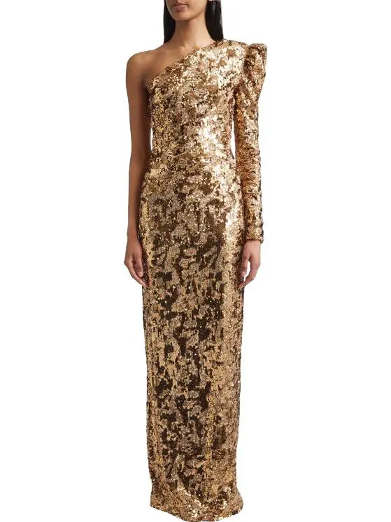 St. John Sabrina Stretch Sequin One-shoulder Gown - Copper