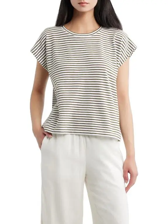 Eileen Fisher Striped Organic Cotton Dolman Sleeve Top - Olive