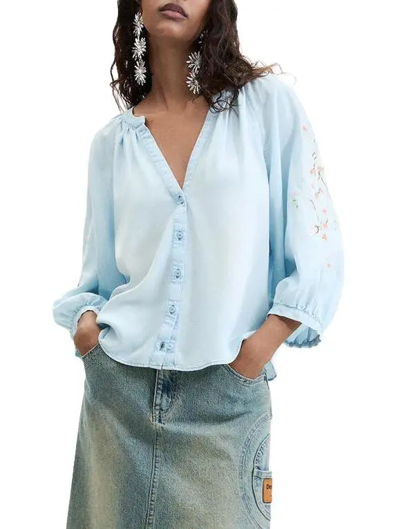 Desigual Embroidered Balloon Sleeve Blouse - Blue
