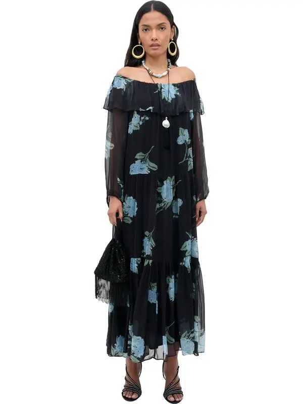 Rixo Lela Peonies Scatter Charcoal Dress - Black