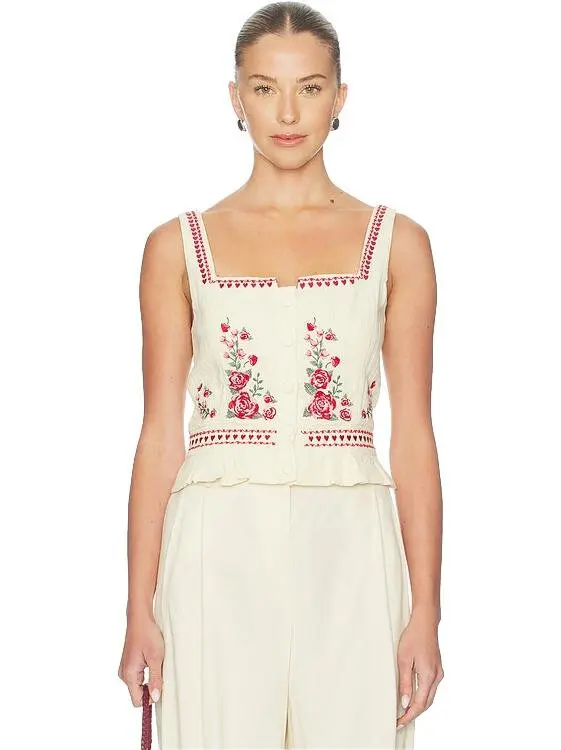 Agua Bendita Embroidered Linen Blend Cropped Top - Multicolor