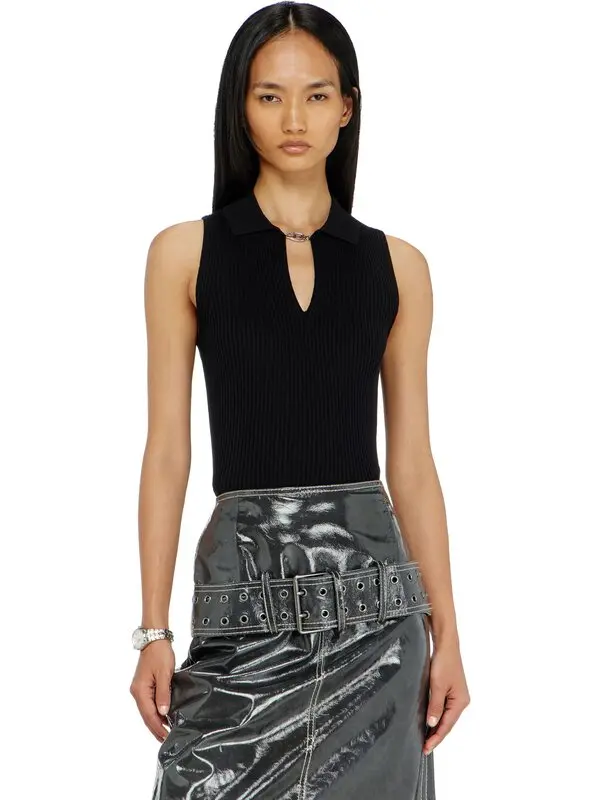 DIESEL® Sleeveless Rib-knit Silk Blend Polo Top - Black