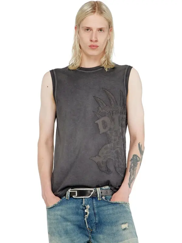 DIESEL® Sleeveless Jersey Top With Embossed Graphics - Grey