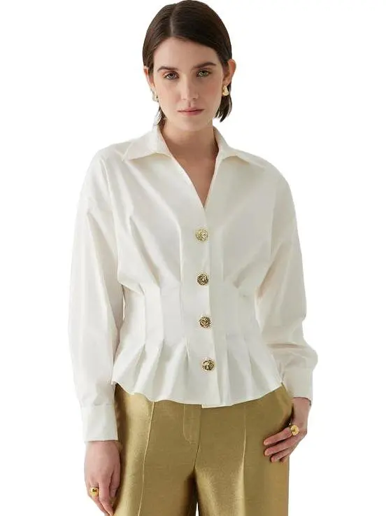 EXQUISE Agustin Cotton Shirt With V-neck And Long Sleeves - Ecru