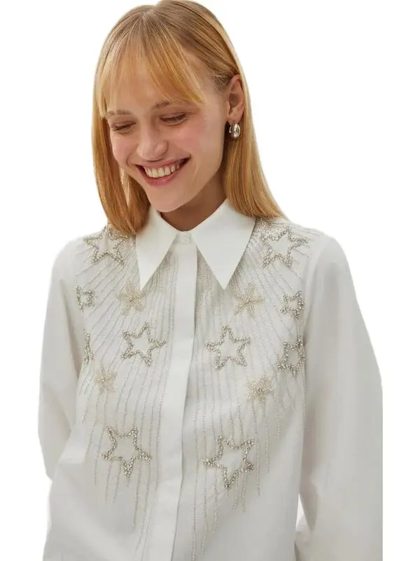EXQUISE Star Stone Embellished Shirt - Bone