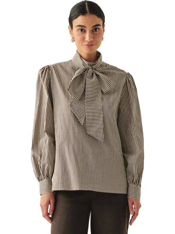 EXQUISE Striped Tie Neck Long Sleeve Blouse - Brown-bone