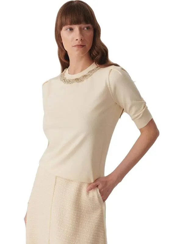 EXQUISE Jordyn Embellished Knit Blouse - Yellow