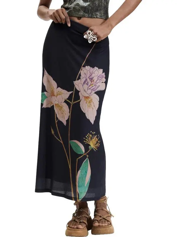 Desigual Floral Print Jersey Maxi Skirt - Black