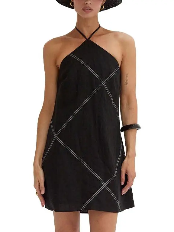 CRESCENT Contrast Stitch Halter Linen Mini Dress - Black
