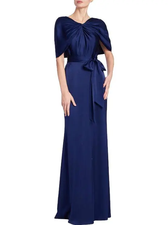 Badgley Mischka Drape Back Hammer Satin Gown - Navy