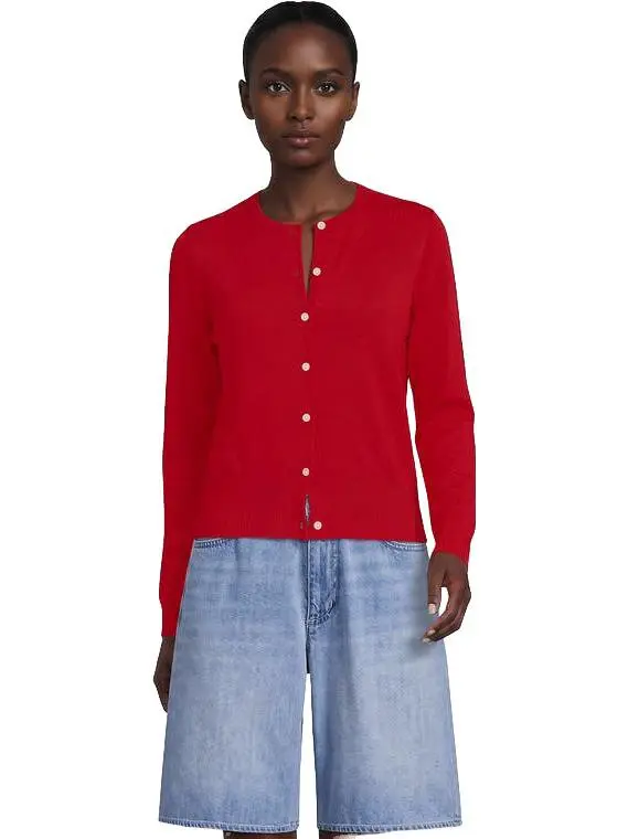 LANDS' END Fine Gauge Cotton Crew Neck Cardigan Sweater - Compass Red