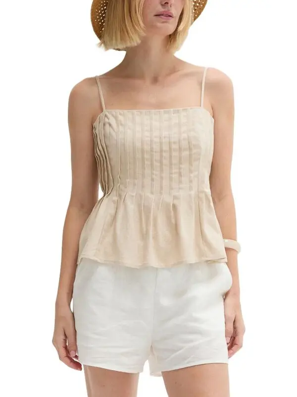CRESCENT Sleeveless Pleated Linen Blend Top - Oatmeal