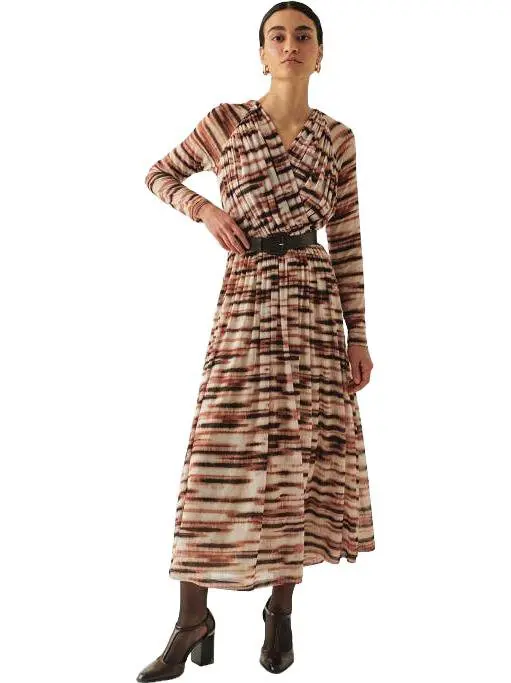 EXQUISE Bellamy K. Midi Dress With V-neck And Long Sleeves - Multi Color