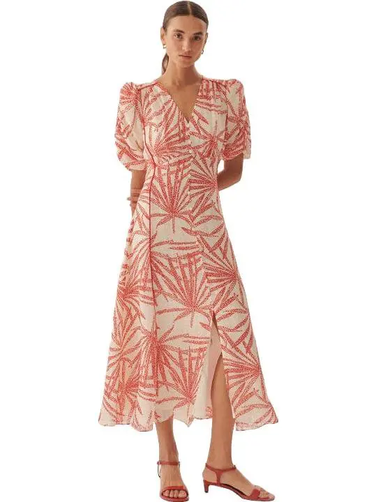 EXQUISE Adaline Midi Dress With V-neck And Short Sleeves - Red-beige