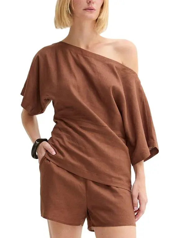CRESCENT Asymmetrical One Shoulder Linen Blend Top - Brown